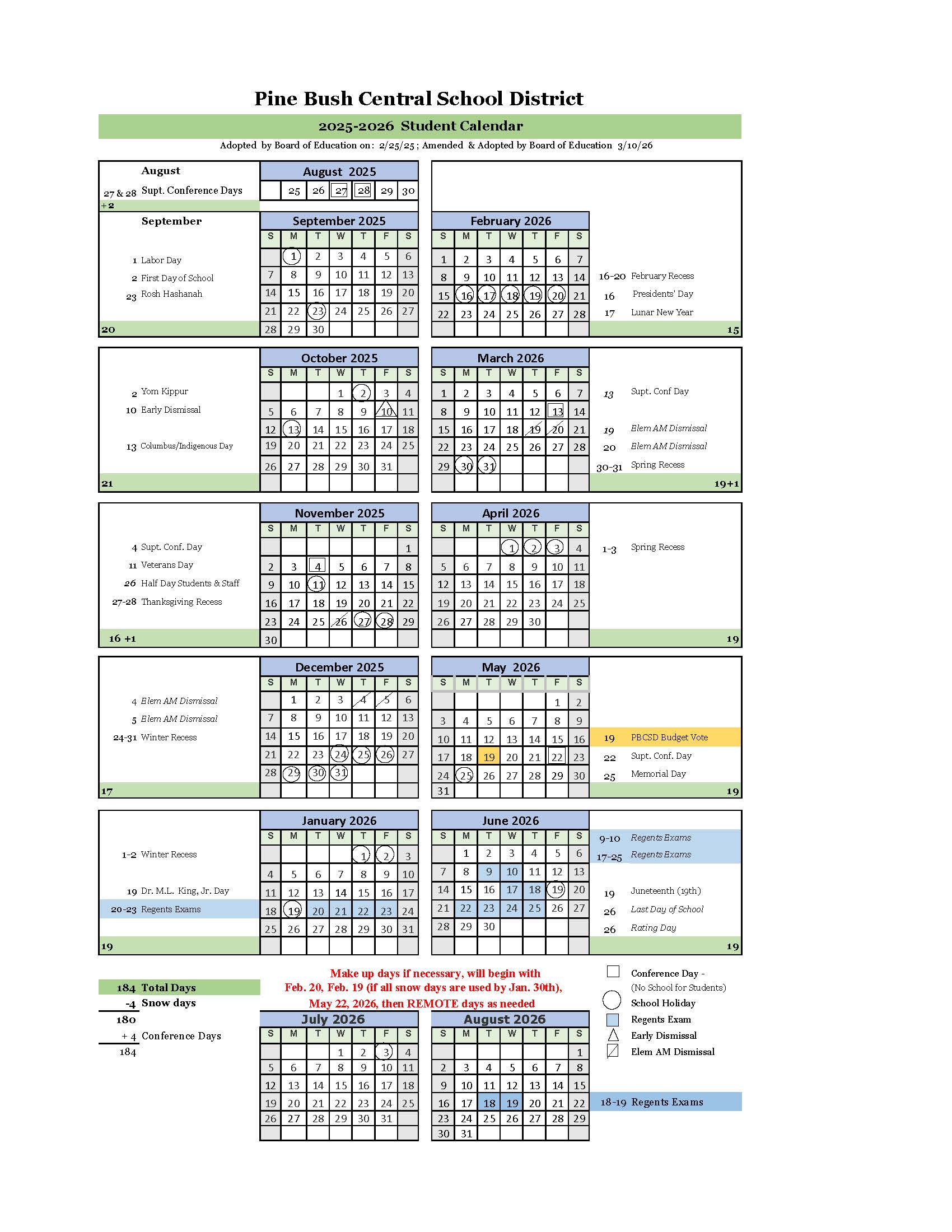 Board adopts 2026-2027 calendar; amends current calendar - Pine Bush ...