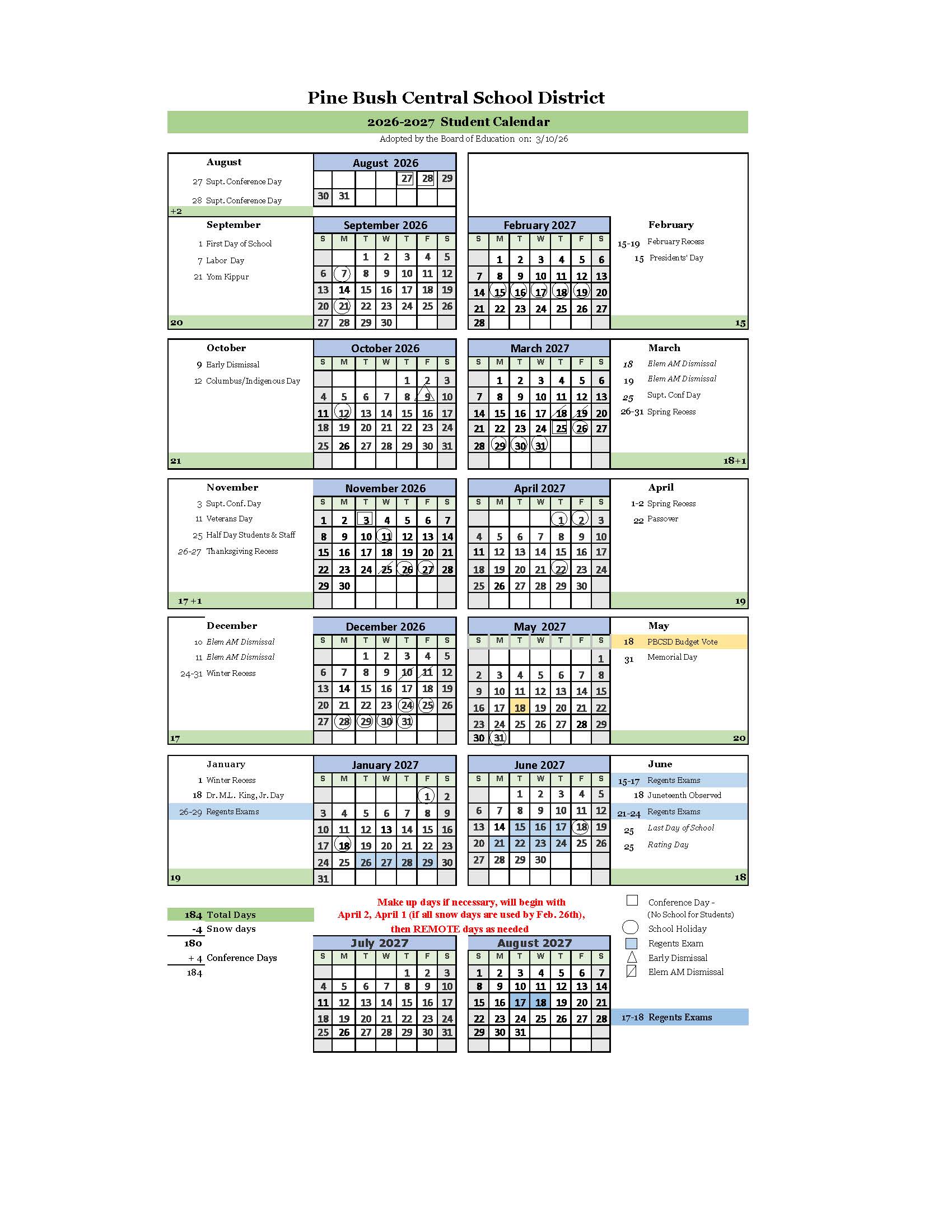 Board adopts 2026-2027 calendar; amends current calendar - Pine Bush ...